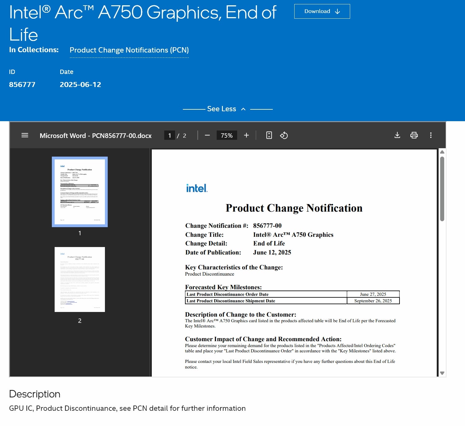 Intel Announces Discontinuation Timeline for Arc A750 GPU